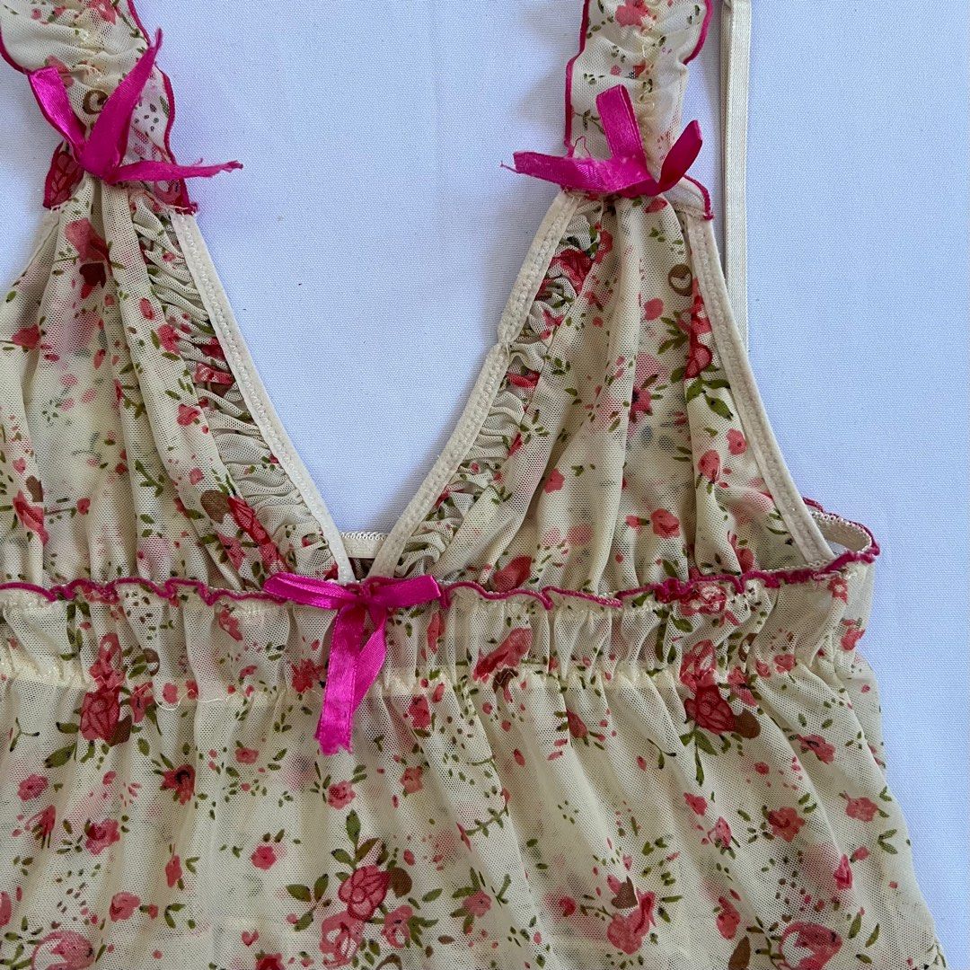 Y2K Fairy Core Cream Floral Lingerie Mini Dress, Women's Fashion ...