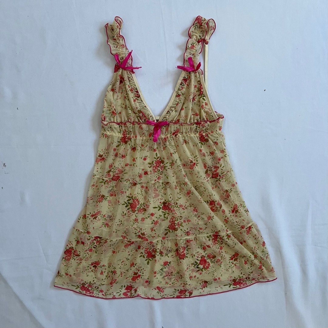 Y2K Fairy Core Cream Floral Lingerie Mini Dress, Women's Fashion ...