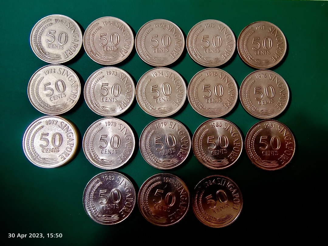 1967-1984 Singapore First Series 50 Cent Coin (Total 18 coins), Hobbies ...
