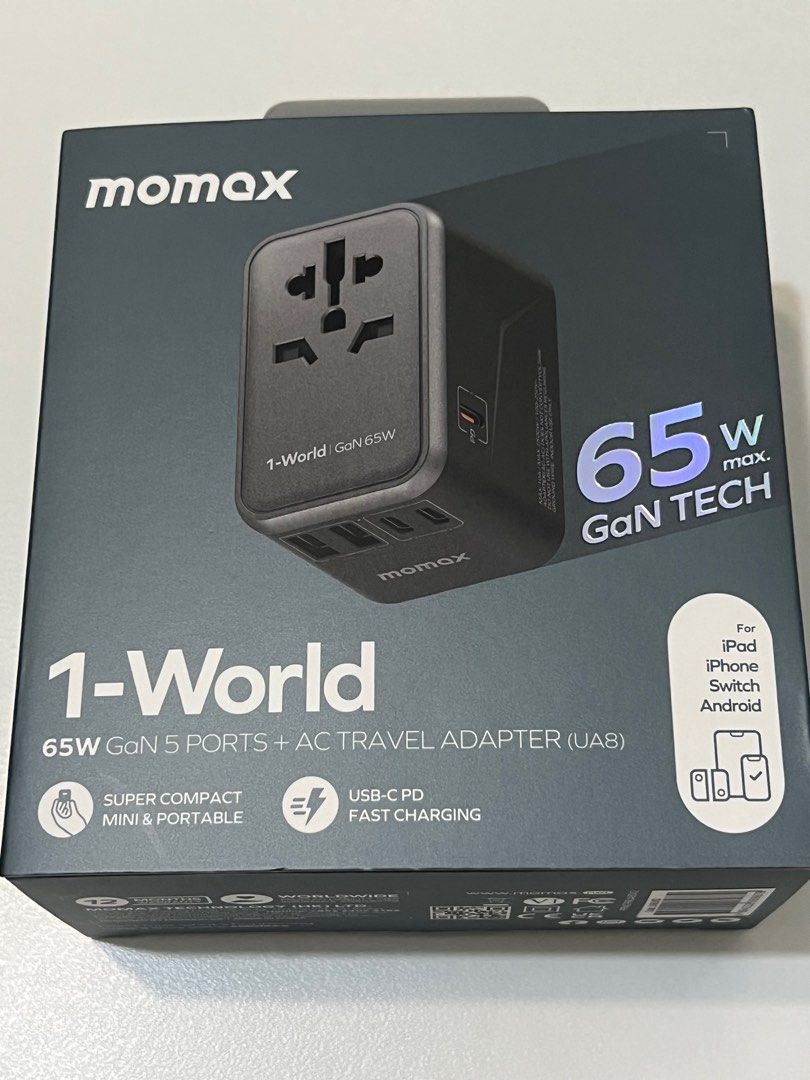 全新行貨 Momax GaN 65W 1-World AC Travel Adapter 快速旅行萬用插座, 手提電話, 電話及其他裝置配件, 充電器及電線 - Carousell
