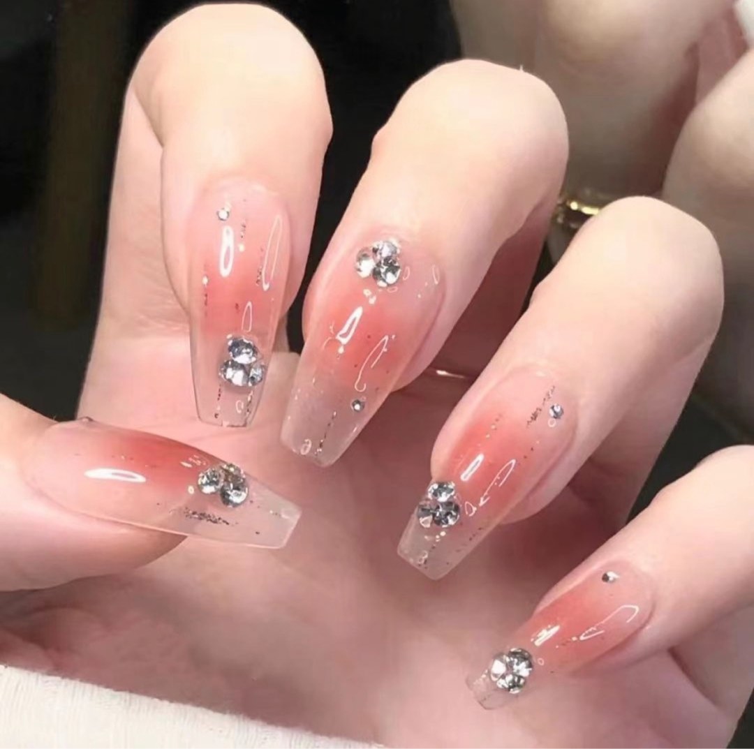 blush diamond bejeweled pink glitter harajuku ulzzang press on nails ...