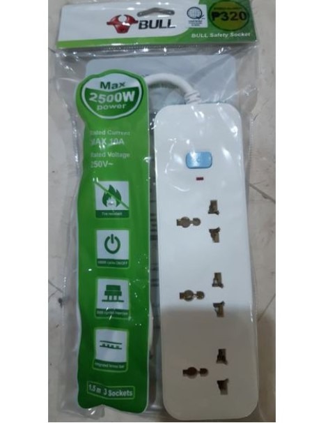 Bull Extension Cord (1.5mtrs) 3 Universal Outlet Socket with Switch ...