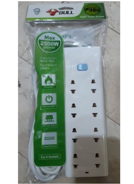 Bull Extension Cord (3mtrs) 8 Universal Outlet with Switch High Quality ...
