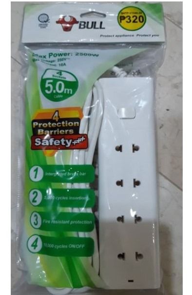 Bull Extension Cord (5mtrs) 4 Outlets with Switch 2500W Heavy Duty ...