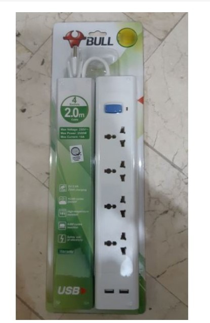 Bull Extension Cord with Switch (2mtrs) 4 Universal Socket with USB ...
