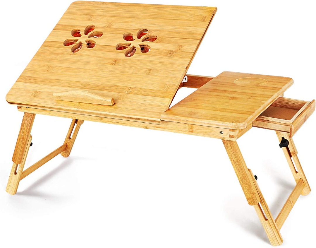 Light brown adjustable bamboo laptop table with dual fan, Furniture ...