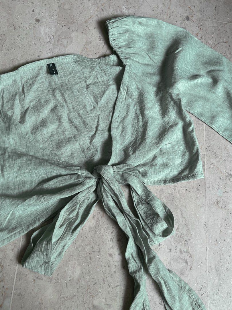 Sage Green Wrap Top, Women's Fashion, Tops, Longsleeves on Carousell