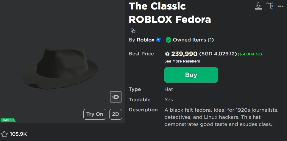 Roblox Classic Fedora (3.8/1k), Video Gaming, Video Games, Others on ...