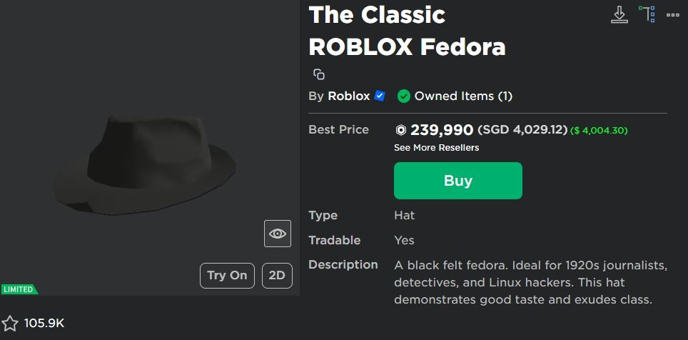 Roblox Classic Fedora (3.8/1k), Video Gaming, Video Games, Others on Carousell
