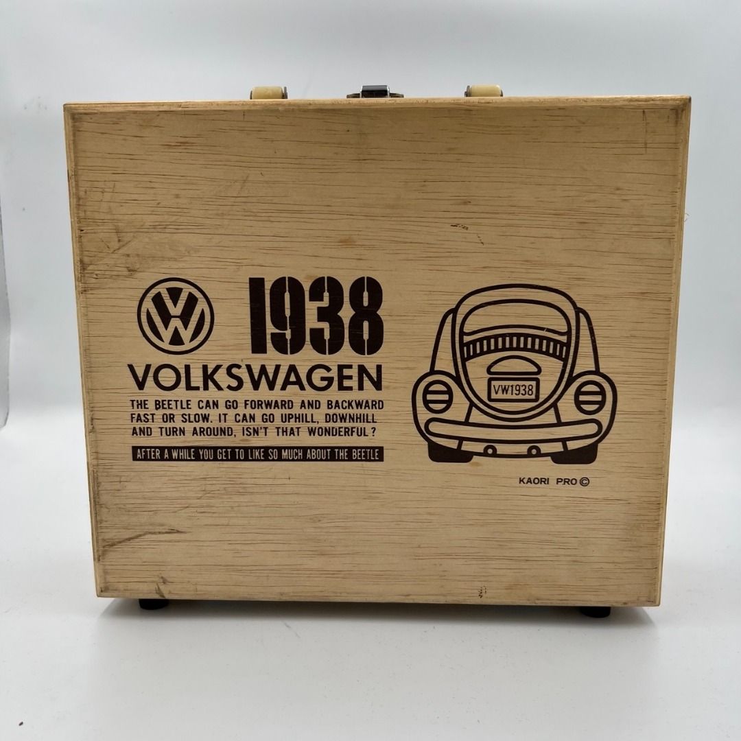 Wooden box labeled Volkswagen 1938 Beetle with black felt interior ...