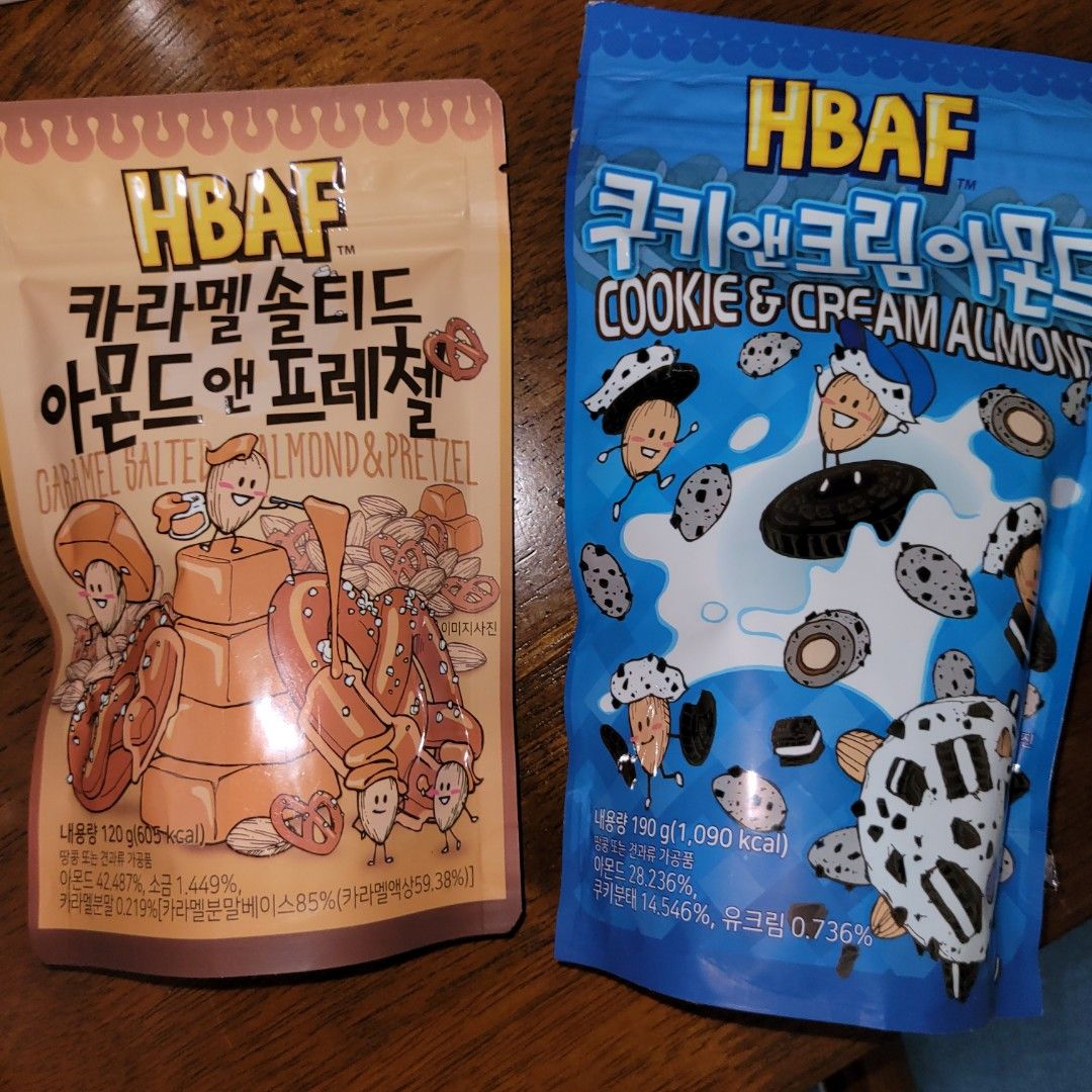HBAF Korea Almond Snacks - salted caramel pretzel, cookies & cream, Food & Drinks, Packaged ...