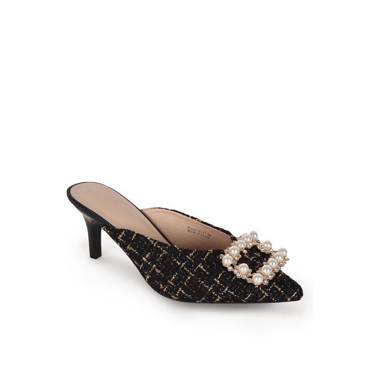BNIB NEW NCY Tweed Shoes Fiona Mules 7cm Warna Hitam, Fesyen Wanita ...