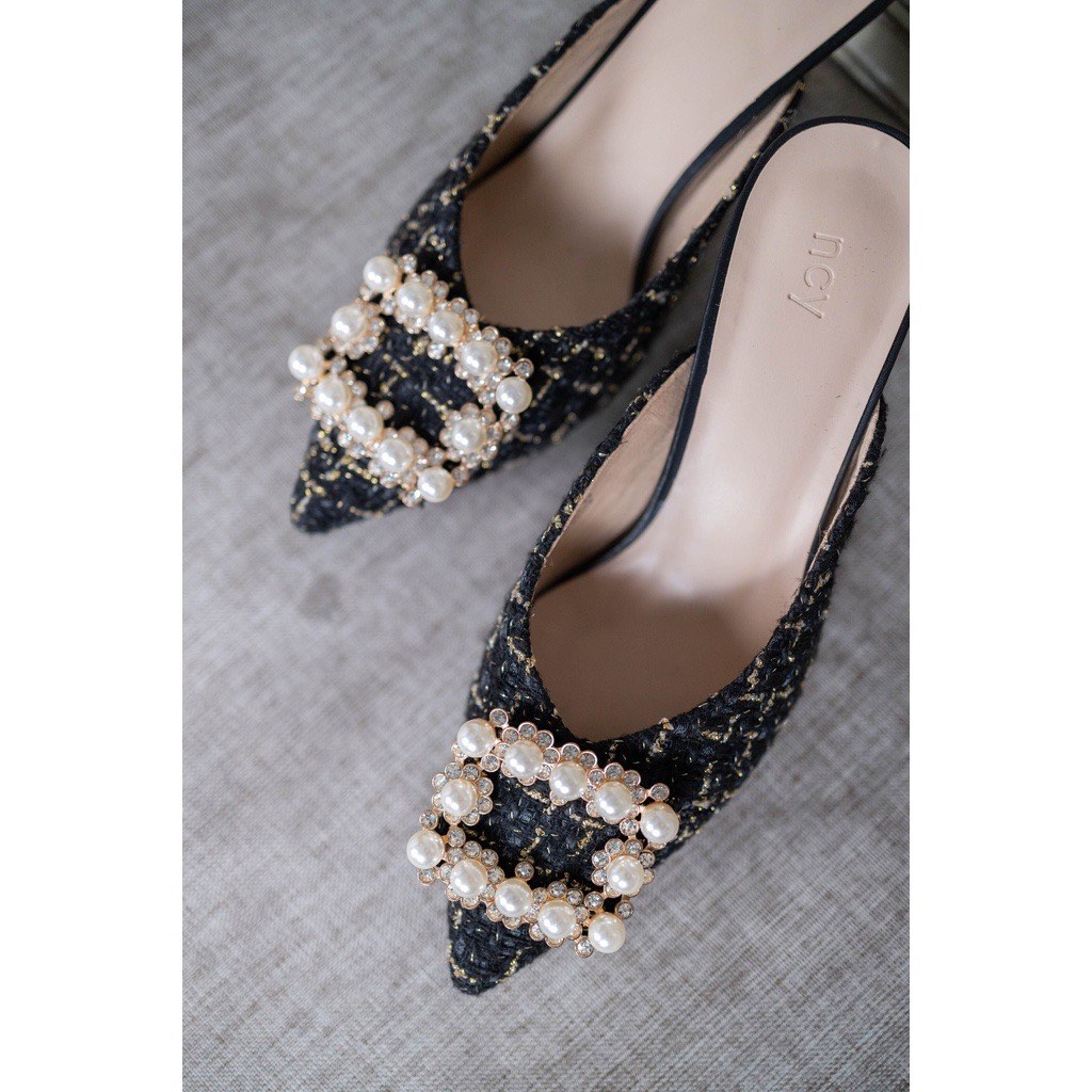 BNIB NEW NCY Tweed Shoes Fiona Mules 7cm Warna Hitam, Fesyen Wanita ...