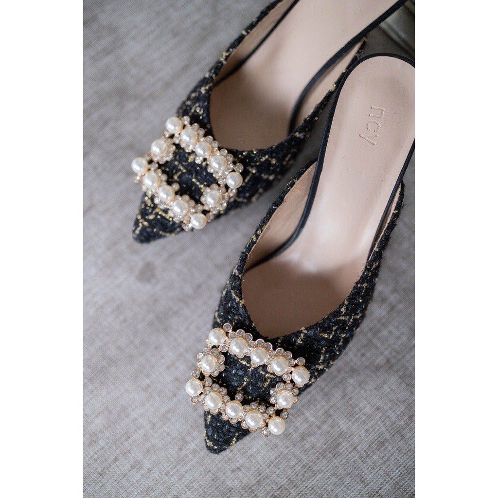 BNIB NEW NCY Tweed Shoes Fiona Mules 7cm Warna Hitam, Fesyen Wanita ...