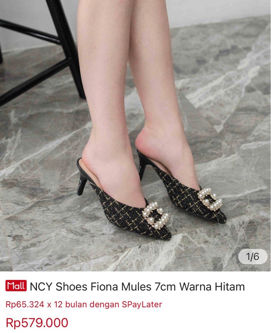 BNIB NEW NCY Tweed Shoes Fiona Mules 7cm Warna Hitam, Fesyen Wanita ...