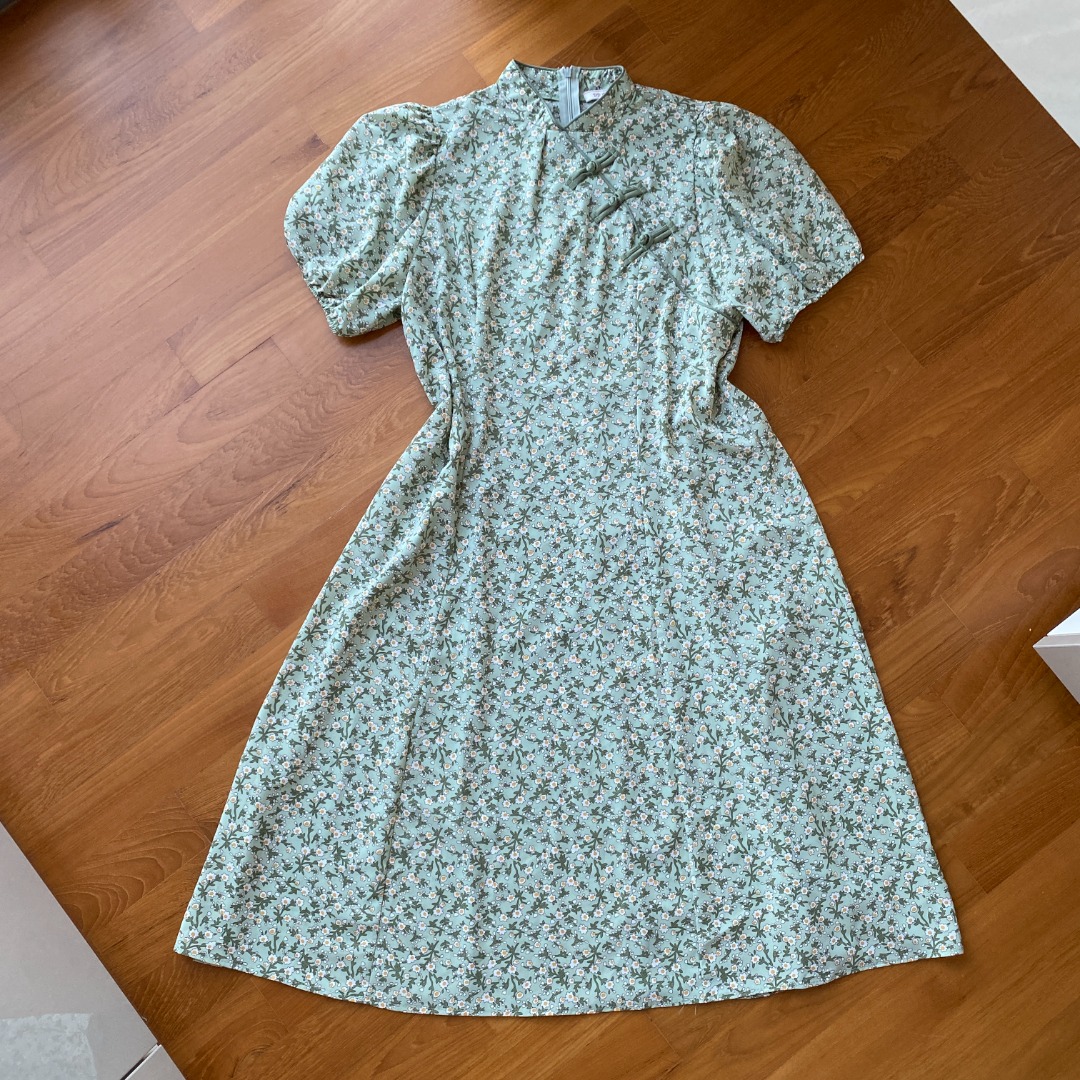 Cottagecore Green Floral Mandarin Collar Puffed Sleeve Sundress, Women ...