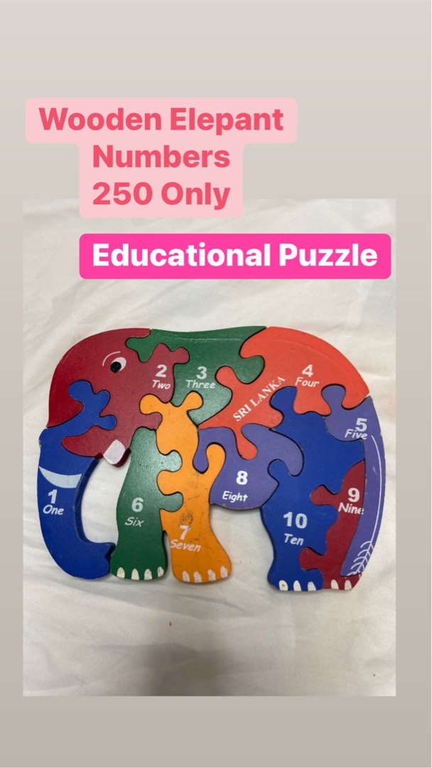 Elephant wooden puzzle number and color educational, Babies & Kids ...