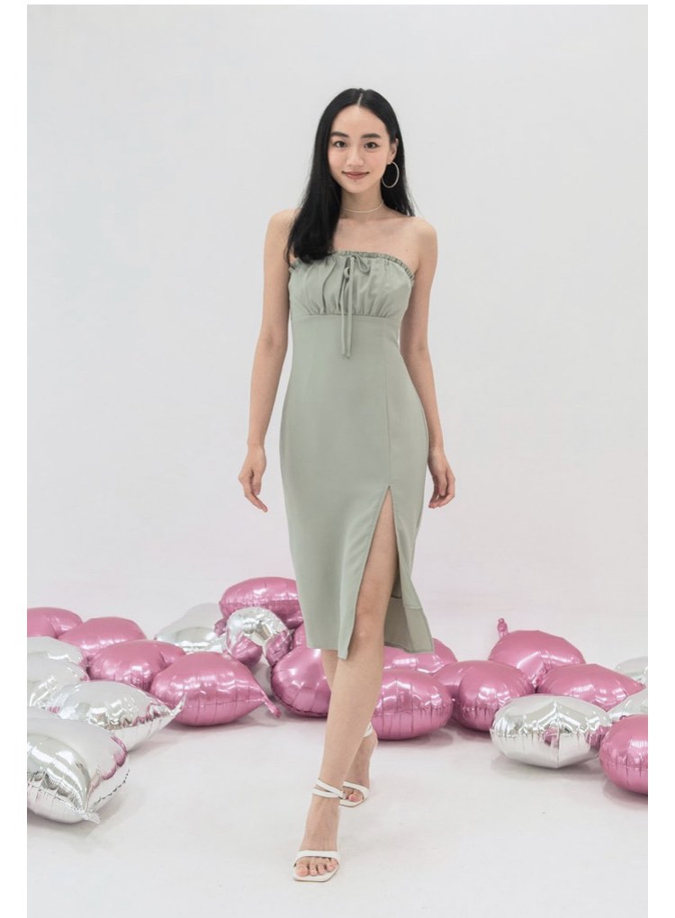Mikayla-Raylene Ruffle Tube Midi Dress in Sage, Women's Fashion ...