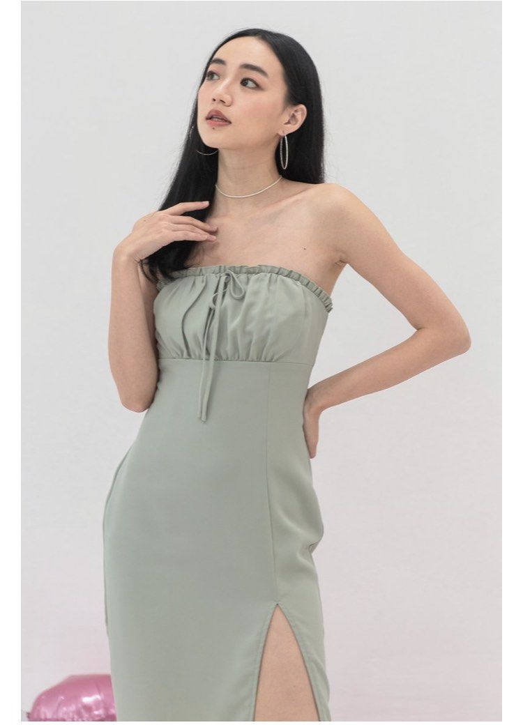 Mikayla-Raylene Ruffle Tube Midi Dress in Sage, Women's Fashion ...