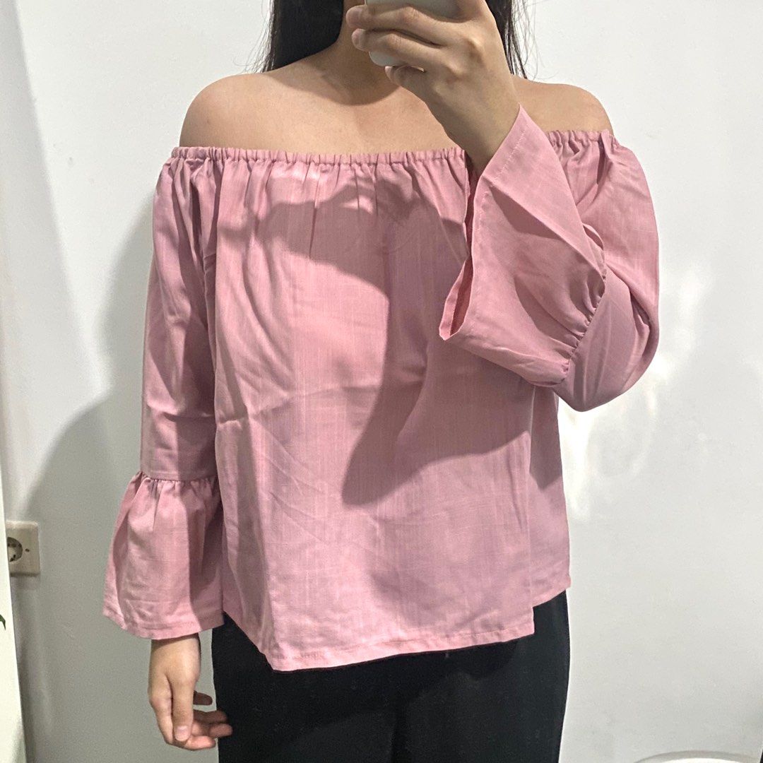Pink Sabrina Top, Fesyen Wanita, Pakaian Wanita, Atasan di Carousell