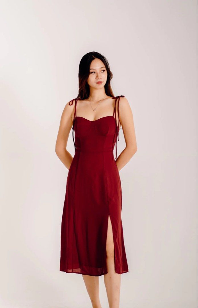 (Black) Shop dear may Zaira Self-Tie Midi Dress in Red, Women's Fashion ...