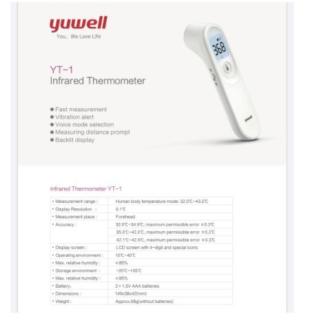 YUWELL - Infrared Forehead Thermometer, YT-1, Health & Nutrition ...