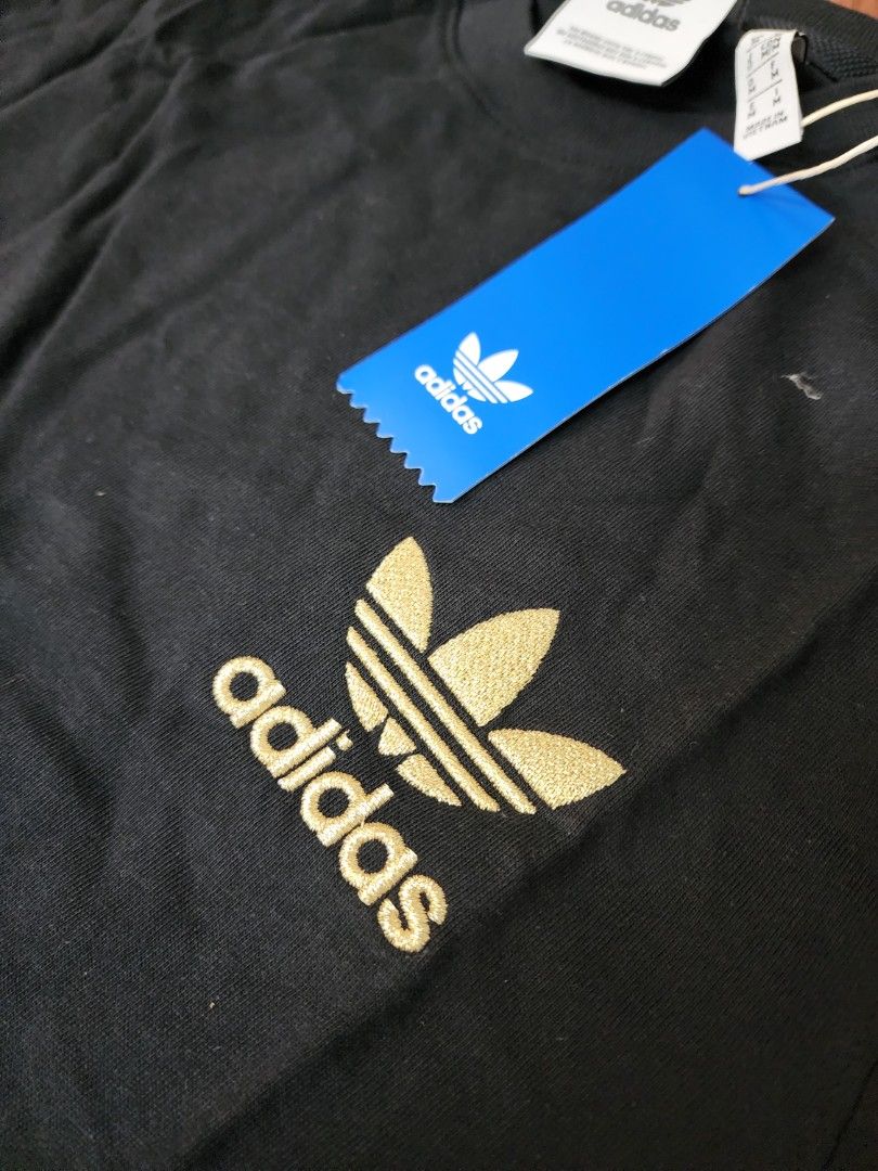 Adidas 3 Stripes Gold Logo Tee, Men's Fashion, Activewear on Carousell