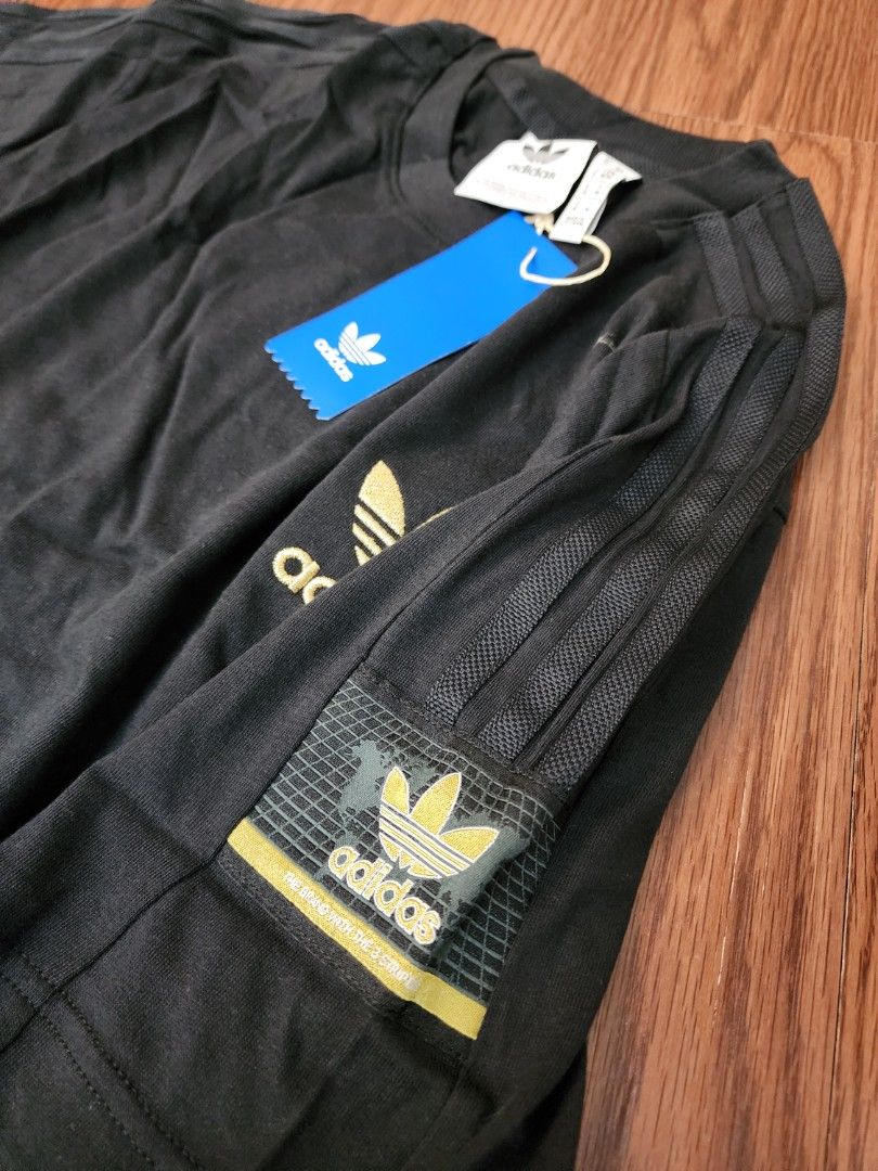 Adidas 3 Stripes Gold Logo Tee, Men's Fashion, Activewear on Carousell