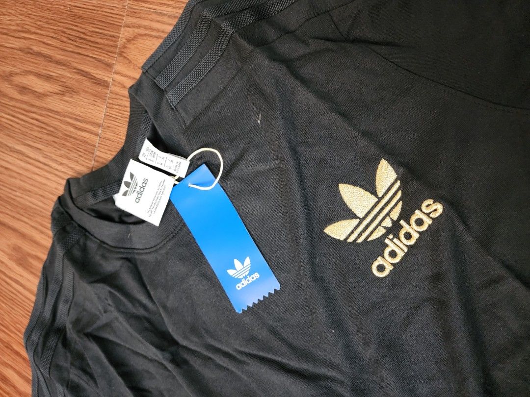 Adidas 3 Stripes Gold Logo Tee, Men's Fashion, Activewear on Carousell