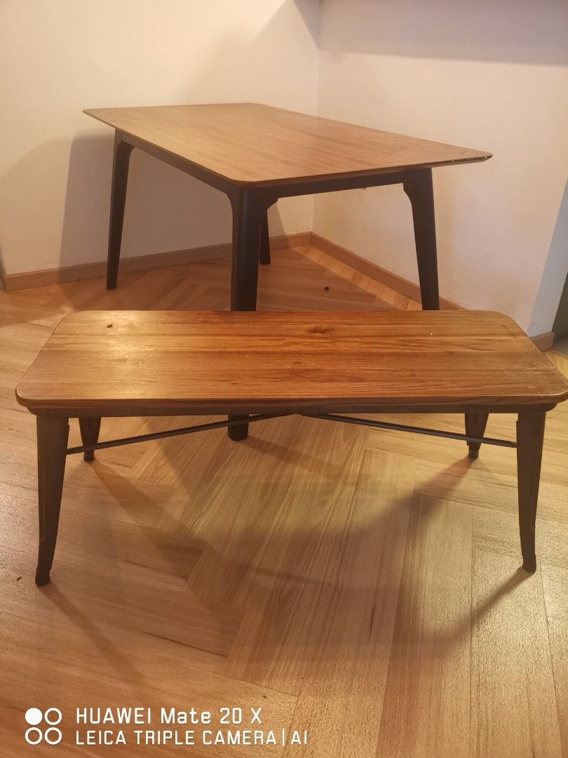 Comfort Design Dining table+ Wooden Bench+2x Metal Black stools ...