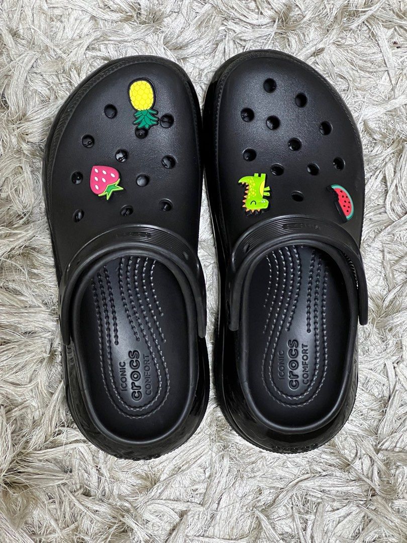 Crocs Classic Mega Crush Clogs (Black with Jibbitz), Women's Fashion, Footwear, Sandals on Carousell