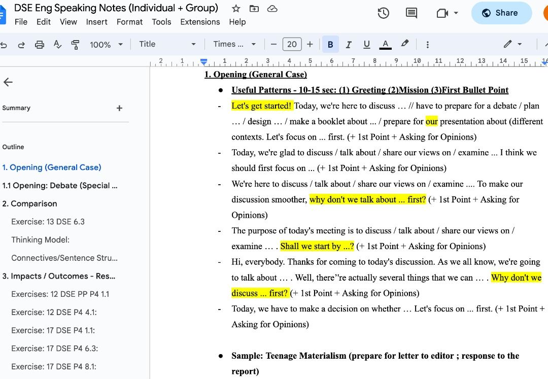 四千字 DSE說話筆記+講解片 英文說話 English Paper 4 Speaking Notes for skills and ...