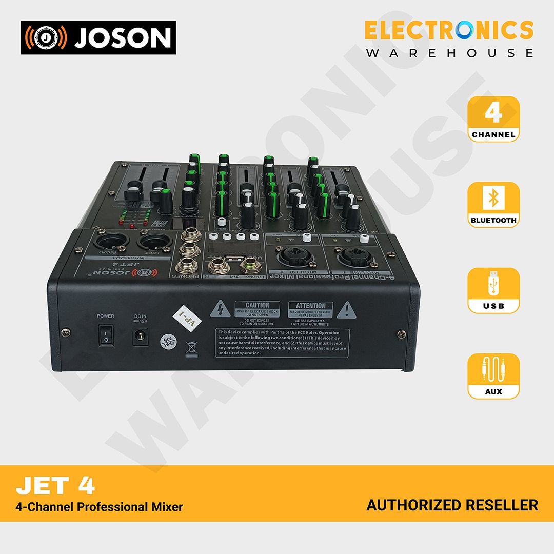 Joson Jet 4 Professional Mixer, 4-Channel Mixing Console and Aux Paths Effects Processor, Audio ...