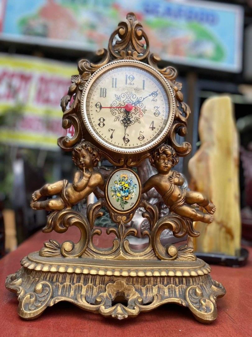 Magnificent big gold mantel clock cherubs & floaral painting of loisa ...
