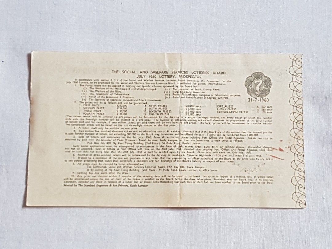 Social And Welfare Service Lotteries Board Lottery Ticket 1960, Hobbies ...