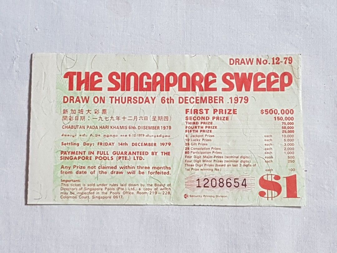 The Singapore Sweep Ticket 6th December 1979, Hobbies & Toys ...