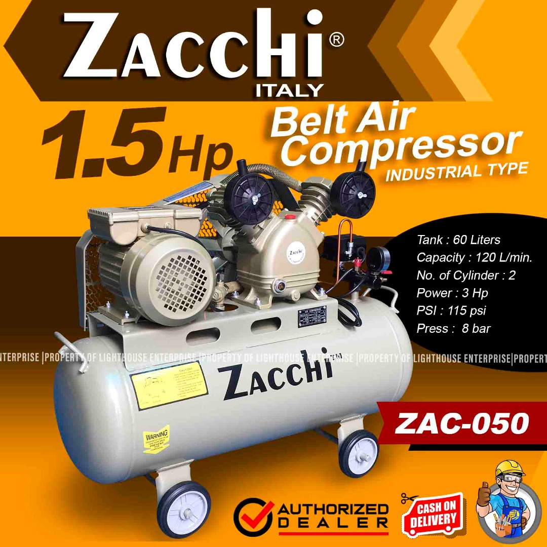 ZACCHI Italy Industrial 1.5HP 60L Belt Driven Air Compressor (ZAC-050 ...