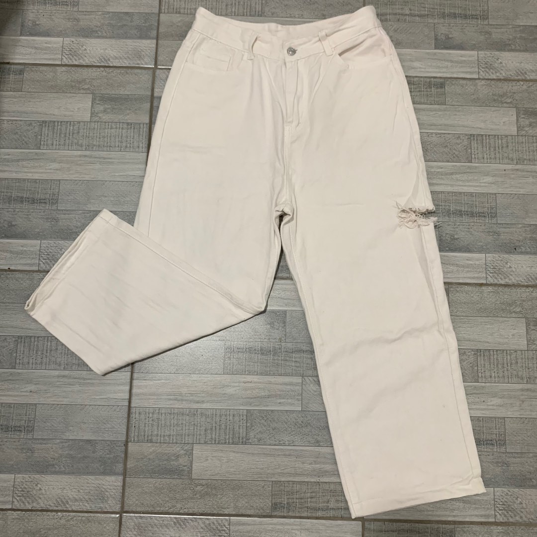 (31) Shein Dazy White Side Ripped Straight Leg Jeans, Women's Fashion ...