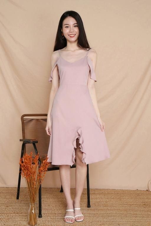 Dear Lyla Joy Cold Shoulder Frills Slit Dress (Green Floral & Dusty ...