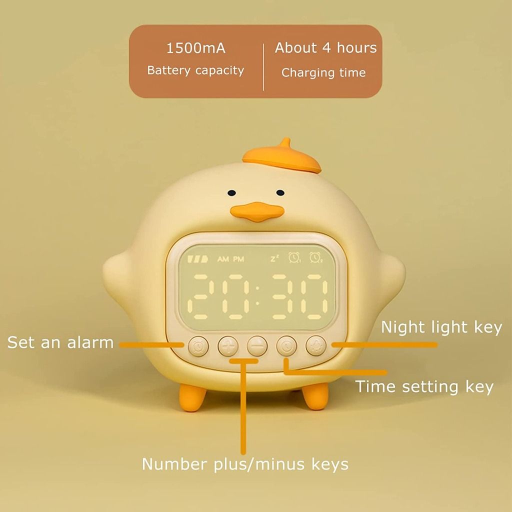 Duck Alarm Clock for Kids Cute Night Light Brightness Adjustable ...