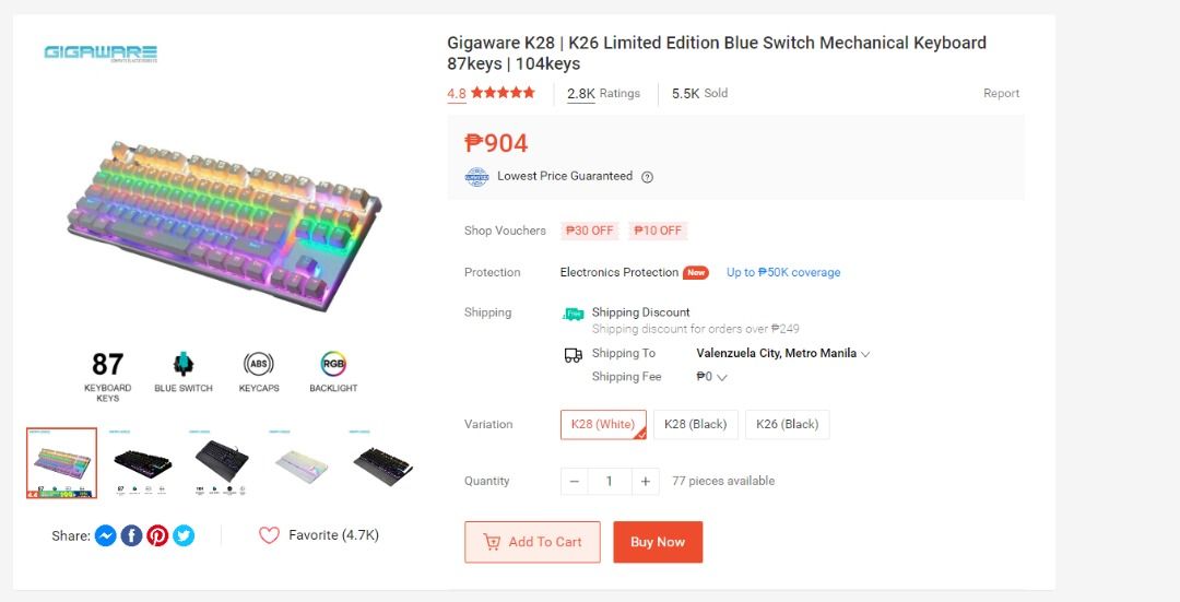 Gigaware K28 Blue Switch Mechanical Keyboard 87keys Gaming Keyboard, Computers & Tech, Parts ...