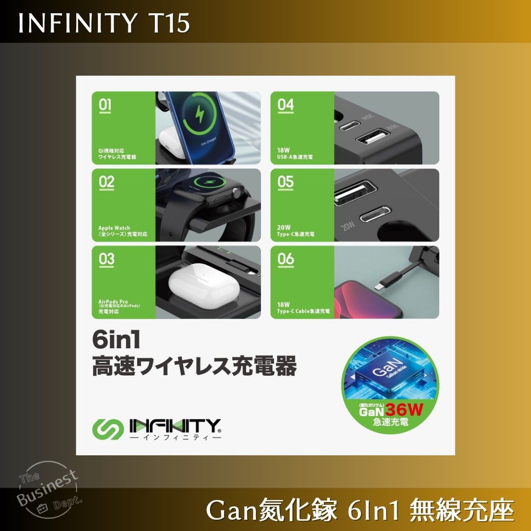 INFINITY T15 Gan氮化鎵 6In1無線充座, 手提電話, 電話及其他裝置配件, 充電器及電線 - Carousell
