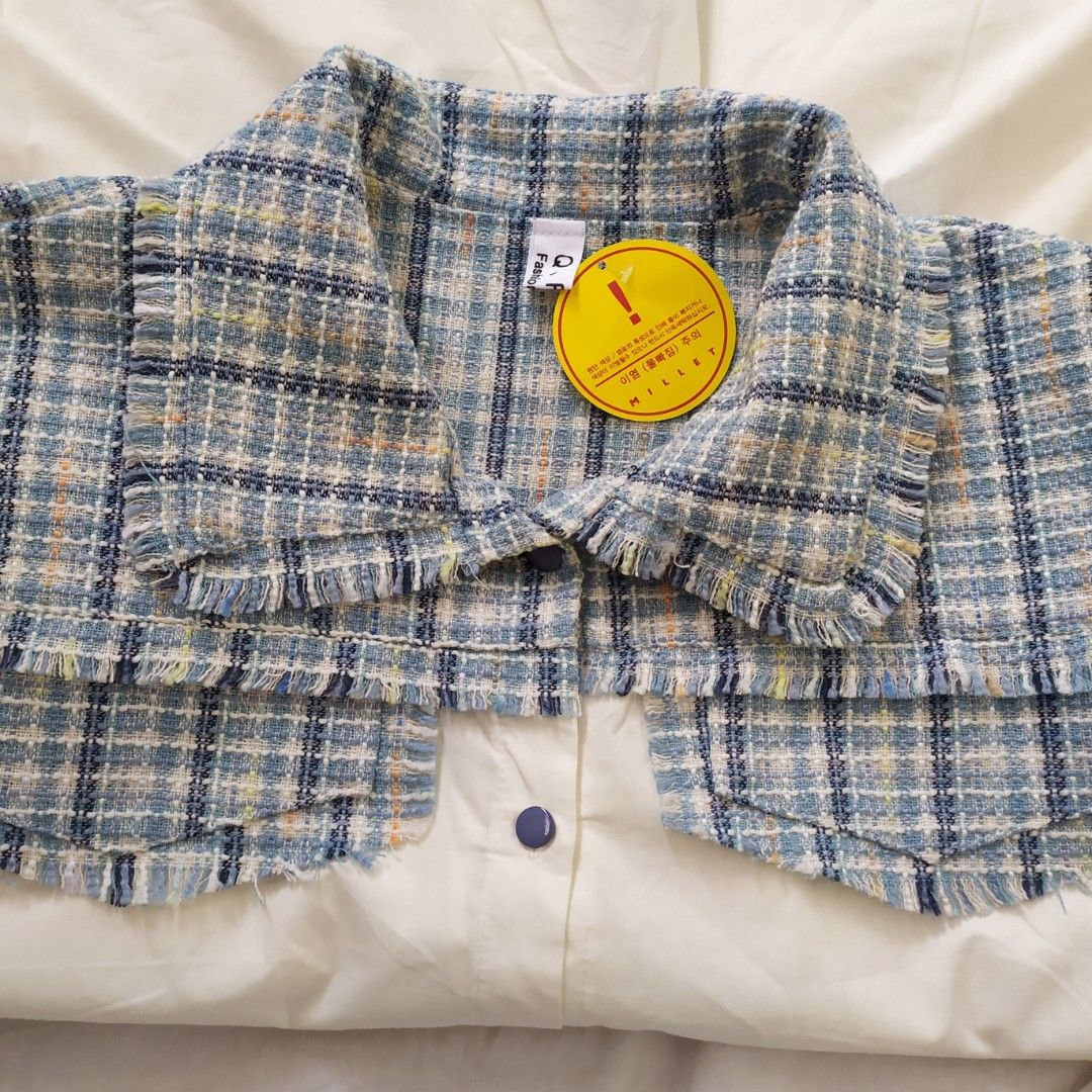 Kemeja putih katun mix tweed korean look warna blue sky, Fesyen Wanita ...