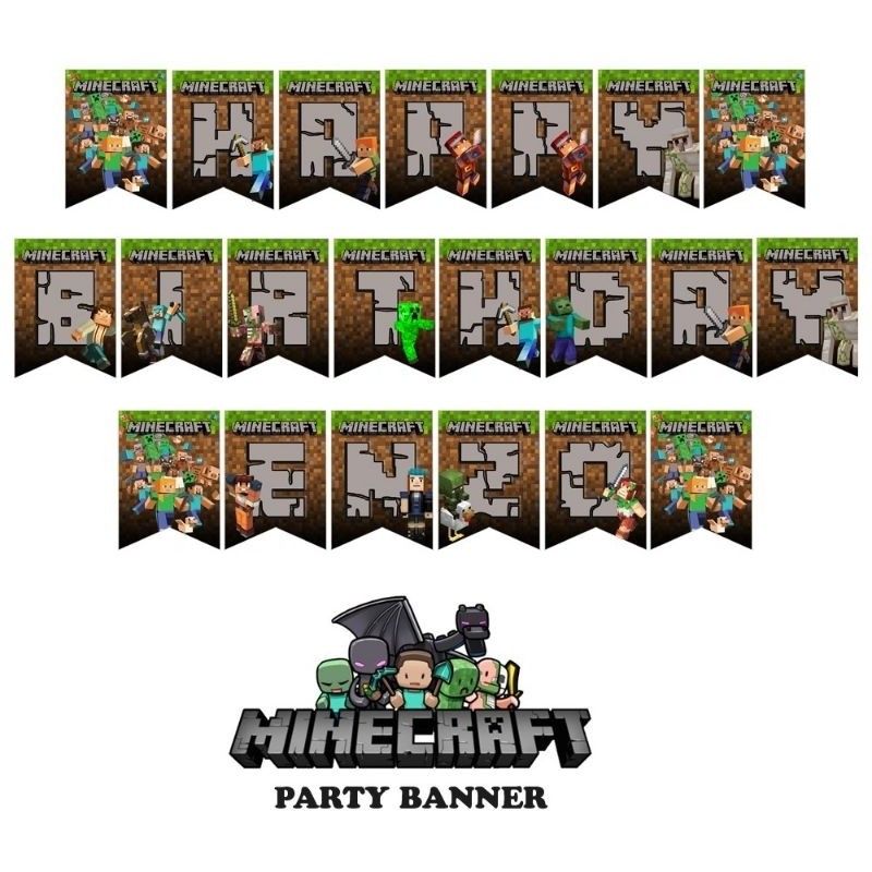 Minecraft Theme Birthday Party Banner Cupcake Cake Topper Decoration ...