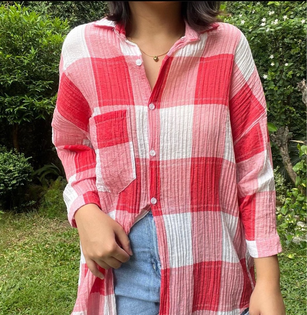 oversized red checkered polo, Women's Fashion, Tops, Longsleeves on ...