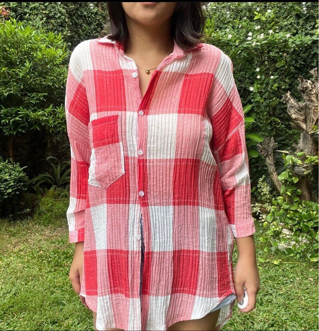 oversized red checkered polo, Women's Fashion, Tops, Longsleeves on ...