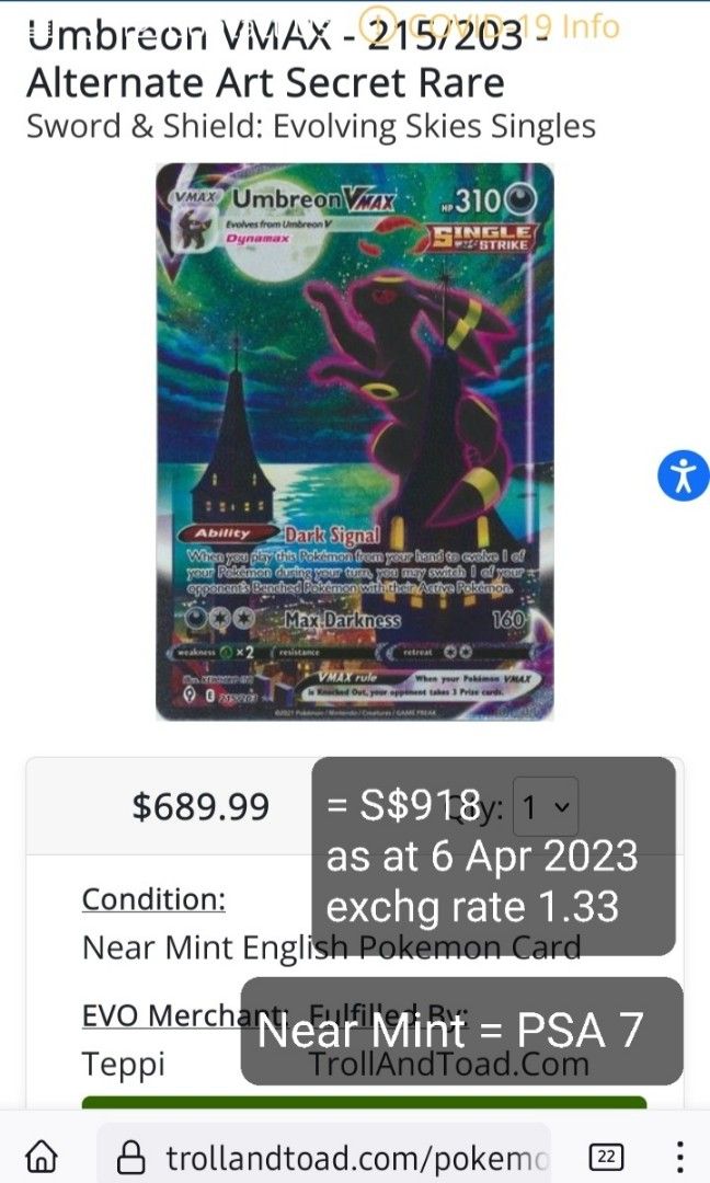 Pokemon 2021 Umbreon Vmax AA 215 Evolving Skies PSA GEM MINT 10 first ...