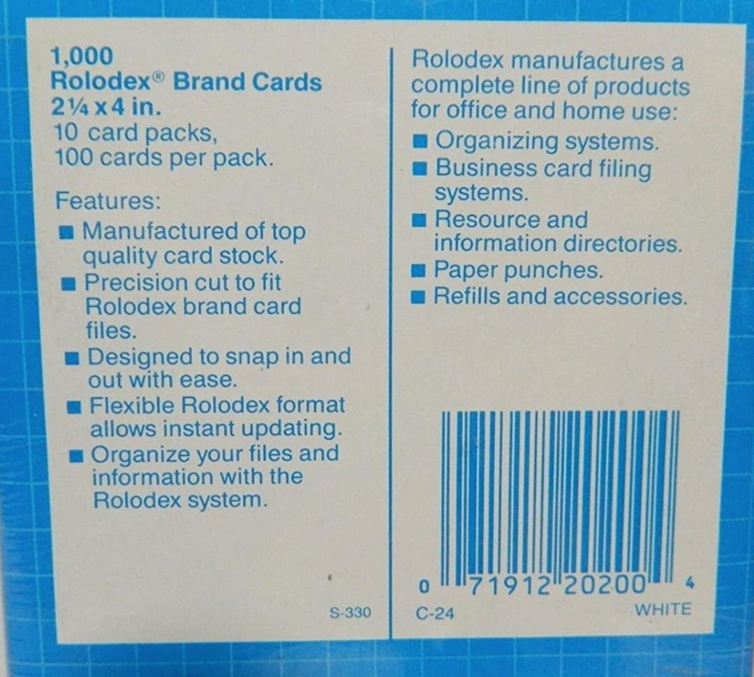 Rolodex Genuine Brand File Cards 1000ct. C-24 (Item Code 418), Hobbies ...