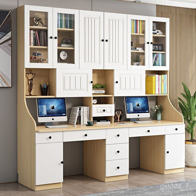 Solid Wood Desk Bookshelf Combination Computer Desktop Desk Children ...