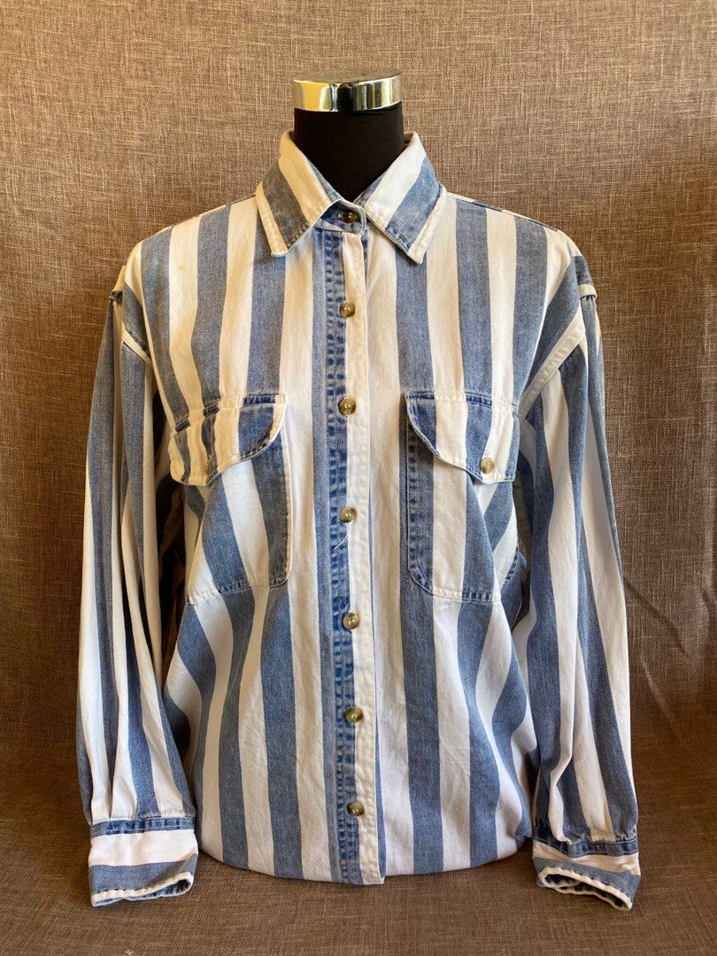 Upper West Side Stripes Denim Blouse, Women's Fashion, Tops, Blouses on ...